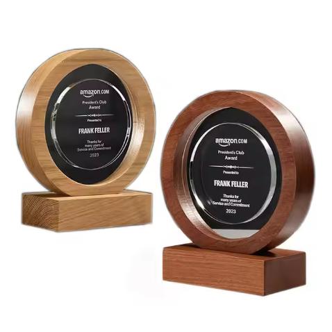New Round Wood Trophy Blank Crystal Wooden Base Plaque Crystal Glass ...